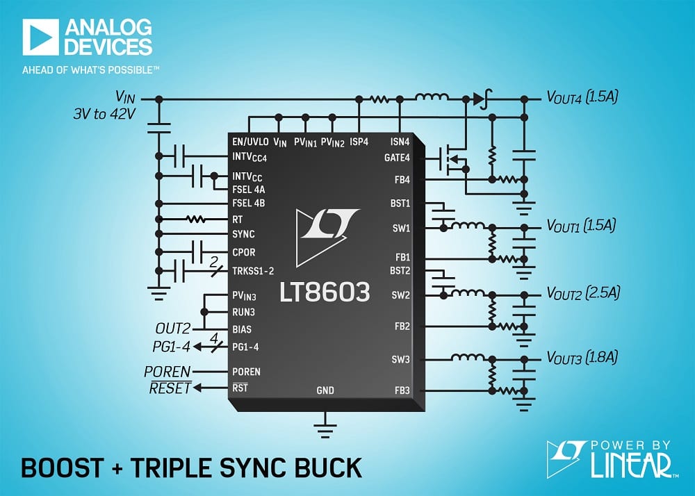 Triple Synchronous Buck Converter + Boost Controller with 3Vdc to 42Vdc ...