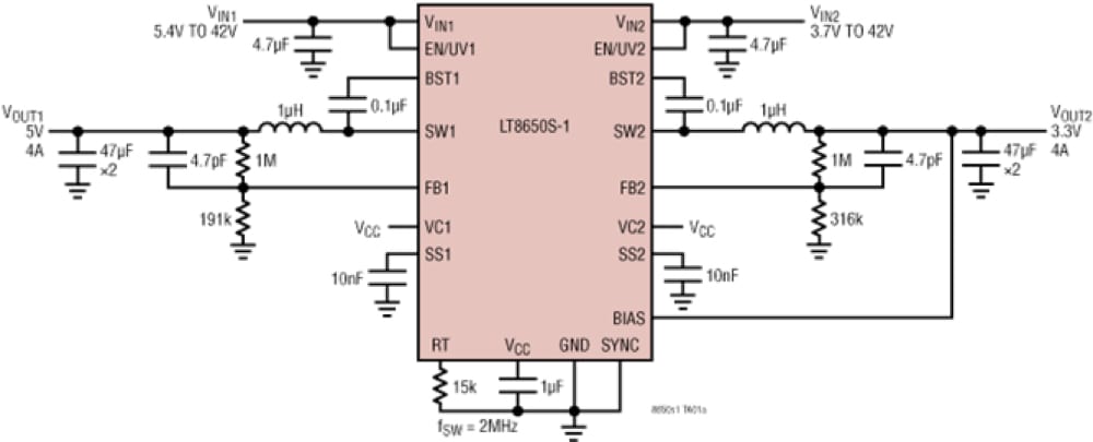 Automotive and Industrial Dual channel 4A, 42V, Synchronous Step-down Converter - New Products